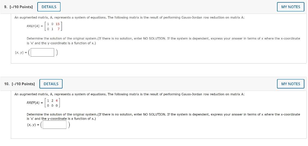 Solved 9. [-/10 Points] DETAILS MY NOTES An augmented | Chegg.com