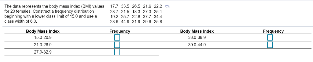 Solved The data represents the body mass index (BMI) values | Chegg.com