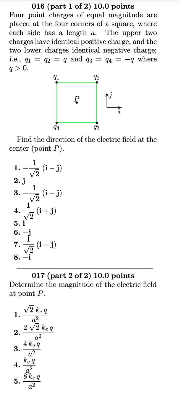 Solved 016 (part 1 of 2 ) 10.0 points Four point charges of | Chegg.com