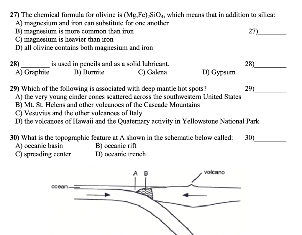 Solved 27) The chemical formula for olivine is (Mg,Fe)2SiO4, | Chegg.com