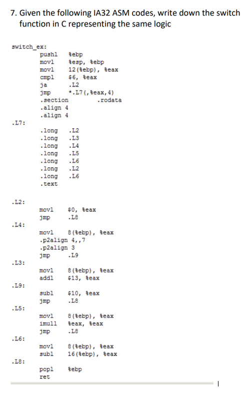 7. Given the following 1A32 ASM codes, write down the | Chegg.com