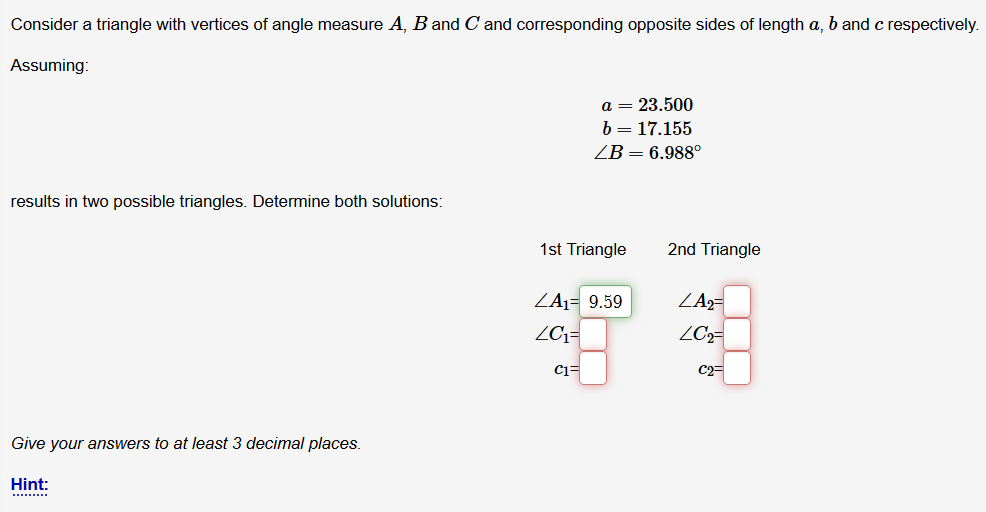 Solved Consider a triangle with vertices of angle measure A, | Chegg.com