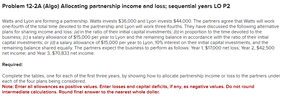 Problem 12-2A (Algo) Allocating partnership income | Chegg.com