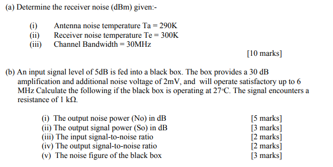 Solved (a) Determine the receiver noise (dBm) given:- | Chegg.com