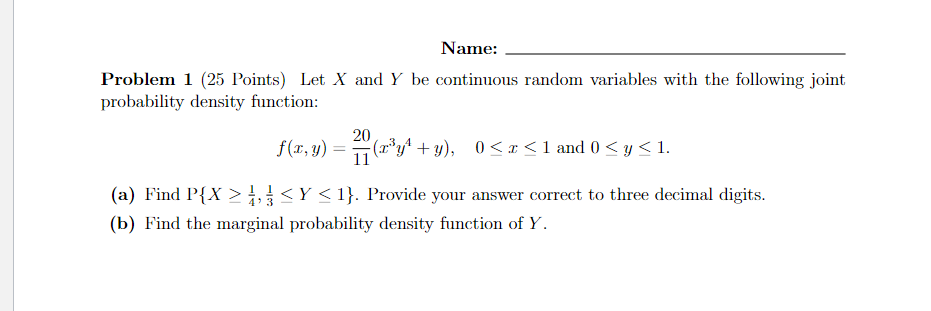 Solved Name:Problem 1 (25 ﻿Points) ﻿Let x ﻿and Y be | Chegg.com
