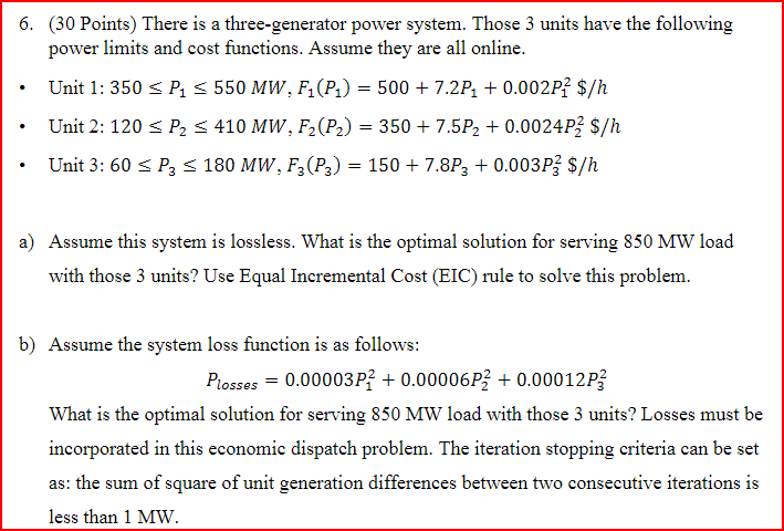 Solved 6. ( 30 Points) There is a three-generator power | Chegg.com