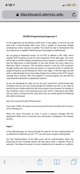4:18 v LTE a blackboard.olemiss.edu C CSCI361 | Chegg.com