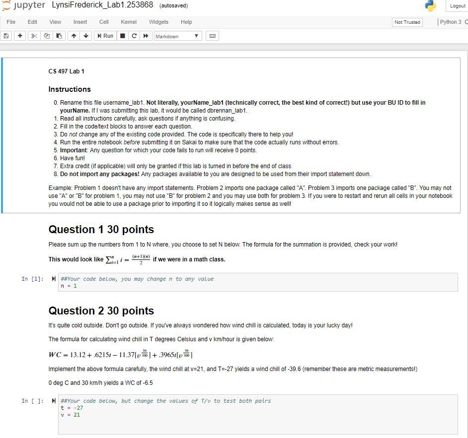 Solved jupyter LynsiFrederick_Lab1.253868 (autosaved) Kemel | Chegg.com