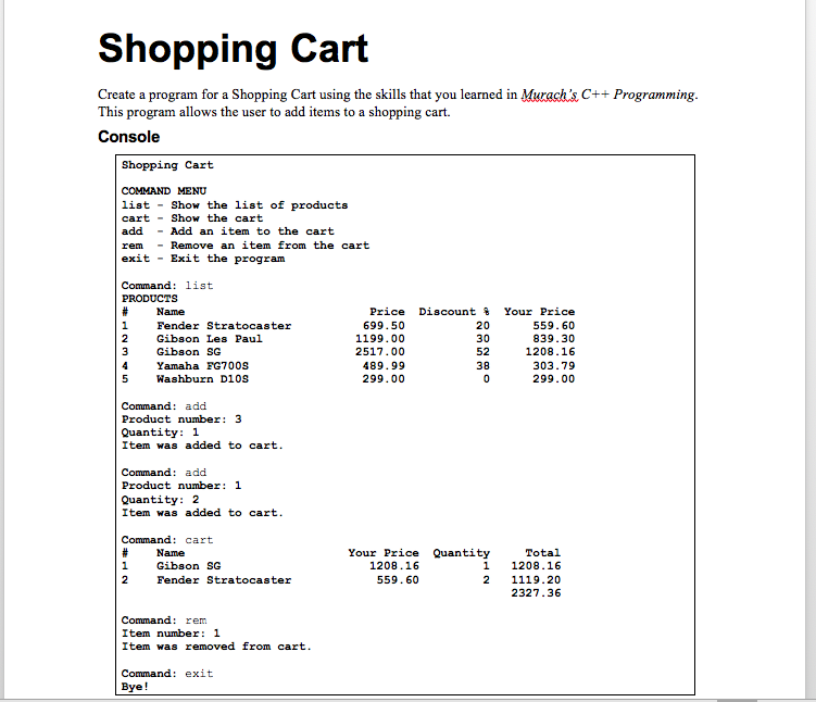 Solved Shopping Cart Create a program for a Shopping Cart | Chegg.com