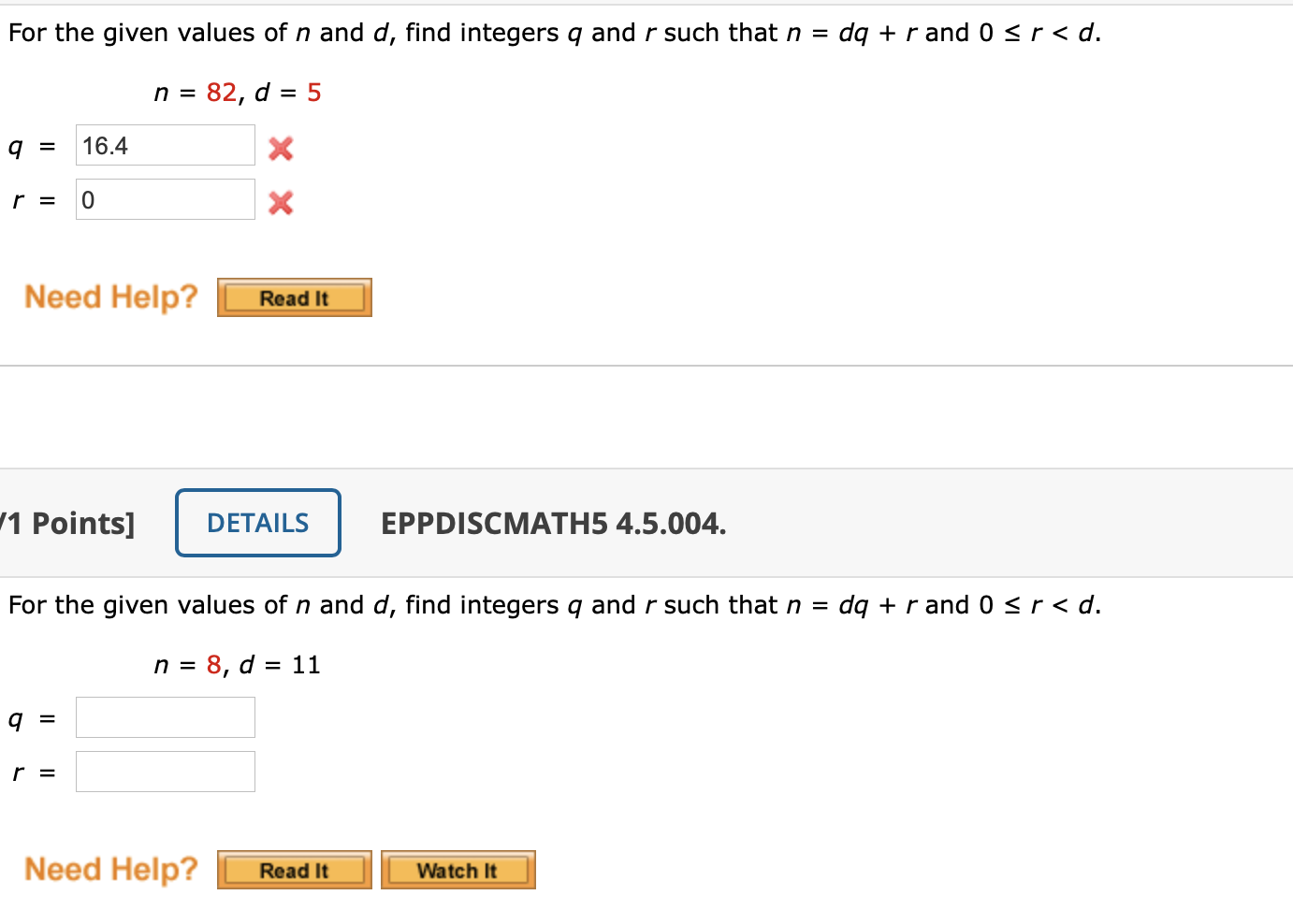 Solved For the given values of n and d, find integers q and | Chegg.com