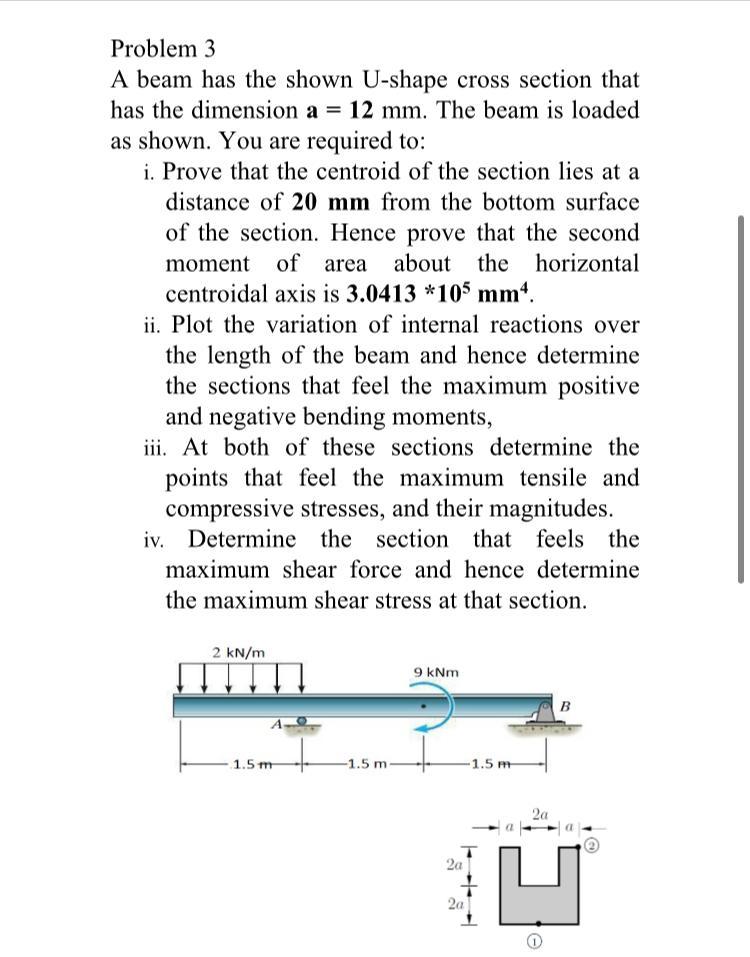 Solved Problem 3 A beam has the shown U-shape cross section | Chegg.com