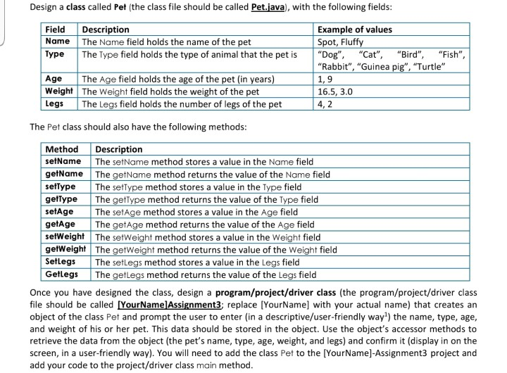Solved Design a class called Pet (the class file should be | Chegg.com