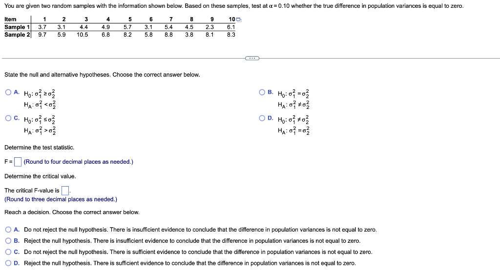 Solved Item Sample 1 Sample 2 1 3.7 | Chegg.com