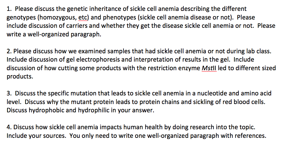 Solved 1. Please discuss the genetic inheritance of sickle | Chegg.com