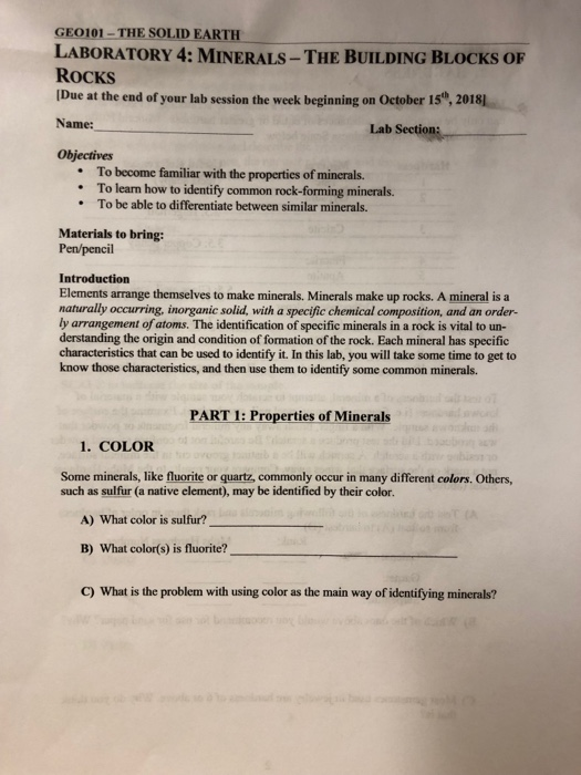 Solved GEO101 -THE SOLID EARTH LABORATORY 4: MINERALS-THE | Chegg.com