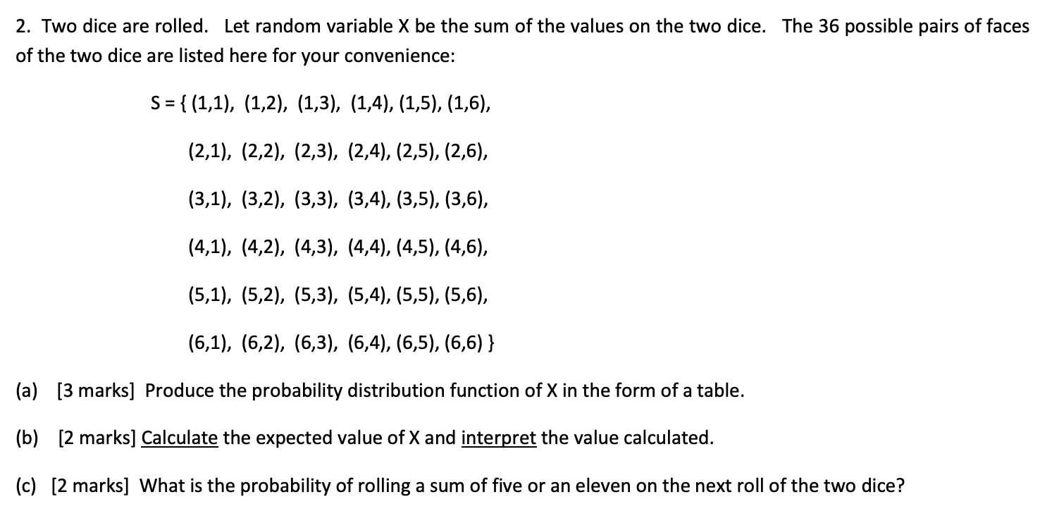 Solved 2. Two dice are rolled. Let random variable X be the | Chegg.com