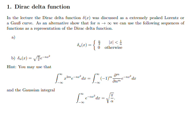 Solved 1. Dirac delta function In the lecture the Dirac | Chegg.com
