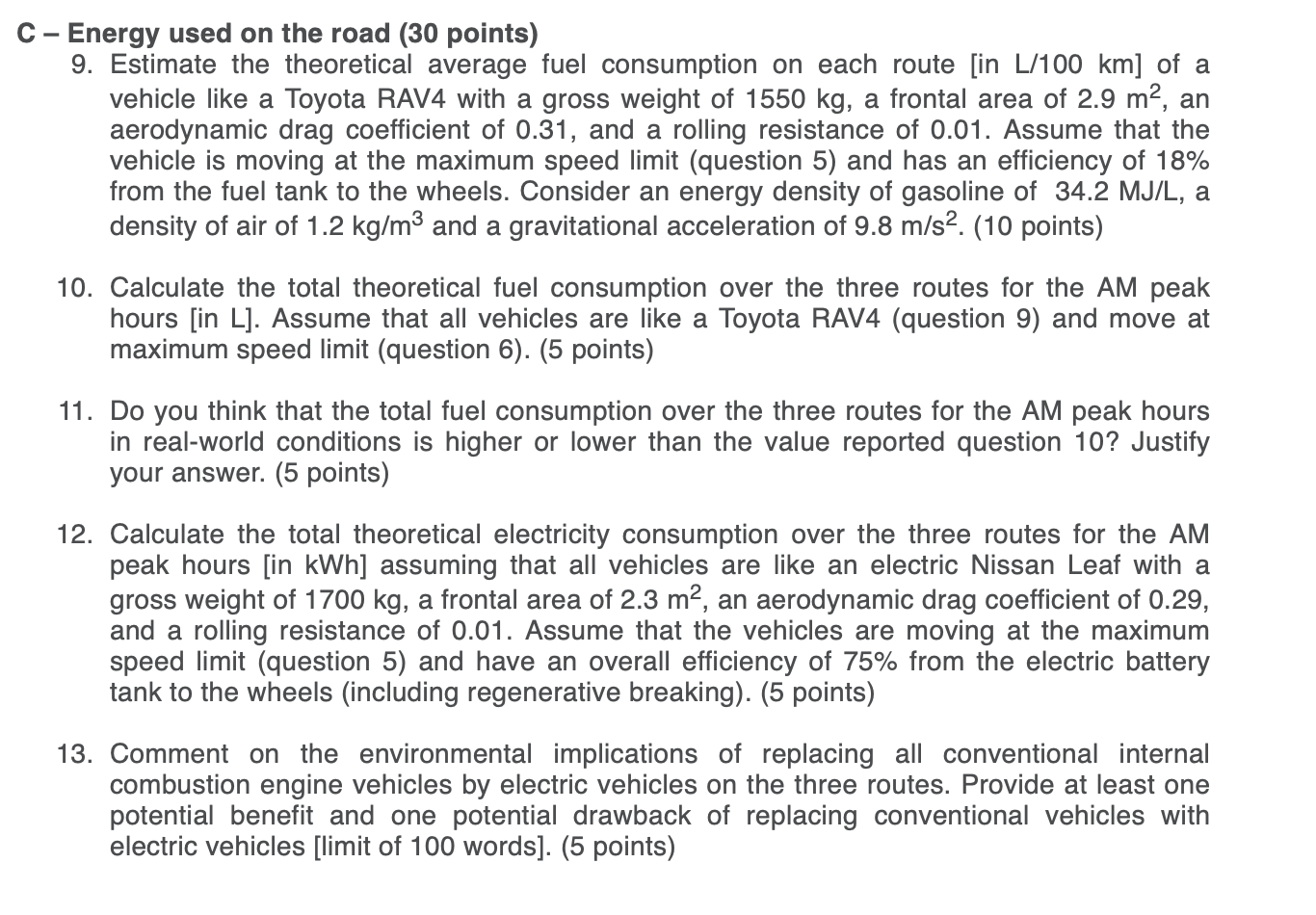 C- Energy used on the road (30 points) 9. Estimate | Chegg.com