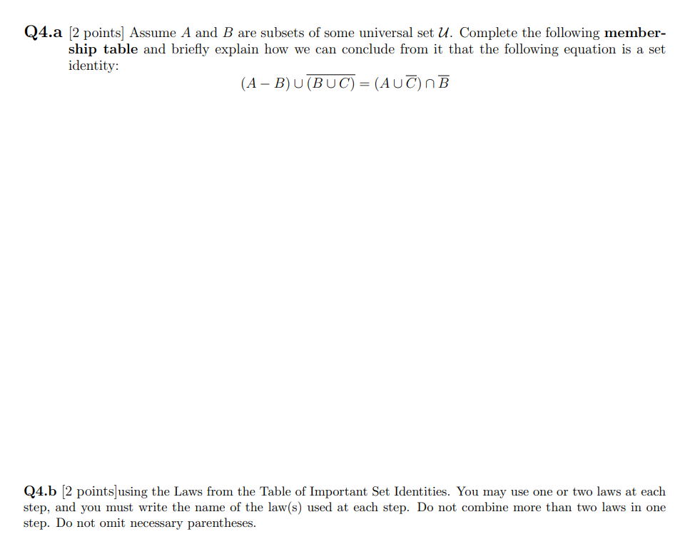 Solved Q4.a [2 points] Assume A and B are subsets of some | Chegg.com