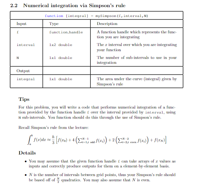 Solved 2.2 Numerical integration via Simpson's rule function | Chegg.com