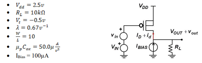 Solved For the shown PMOS amplifier driving load RL with the | Chegg.com