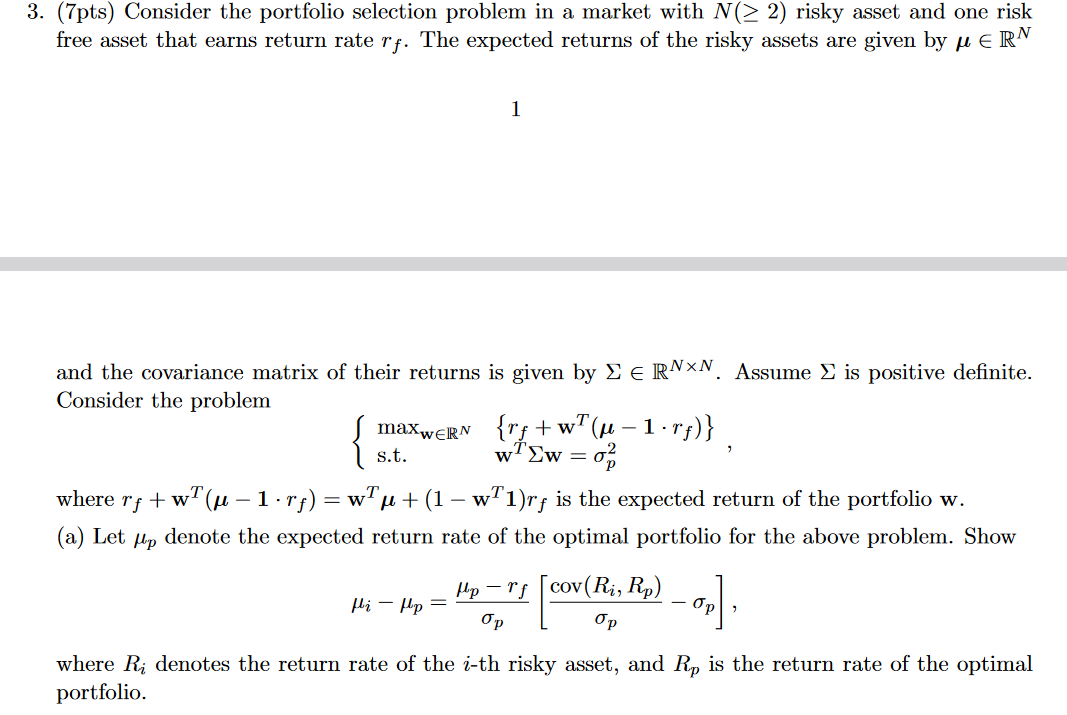 Solved 3. (7pts) Consider the portfolio selection problem in | Chegg.com