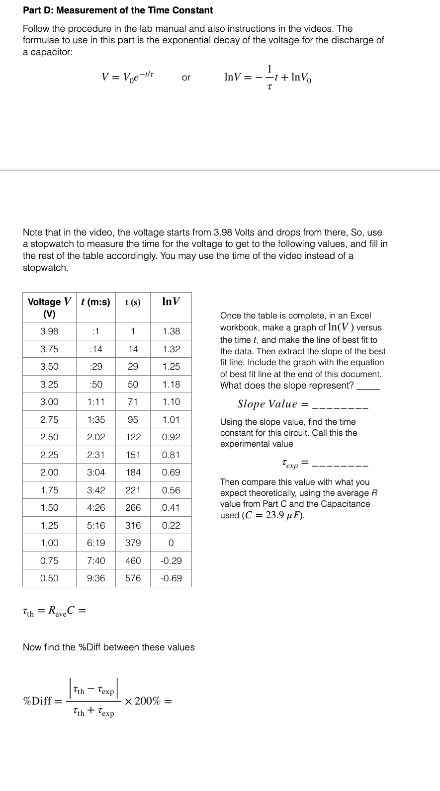 Solved Part D: Measurement of the Time Constant Follow the | Chegg.com