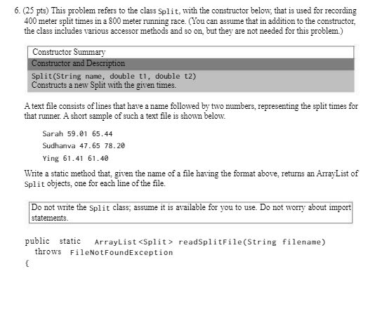 Solved (25 pts) This problem refers to the class Split, with | Chegg.com