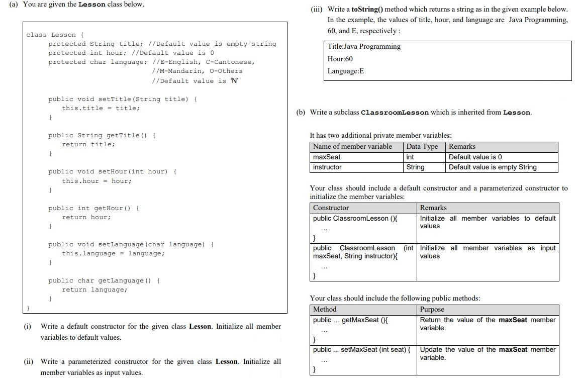 You are given the Lesson class below. (iii) Write a | Chegg.com
