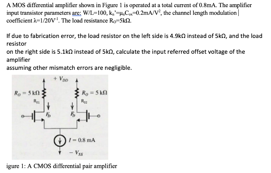 Solved A MOS differential amplifier shown in Figure 1 is | Chegg.com