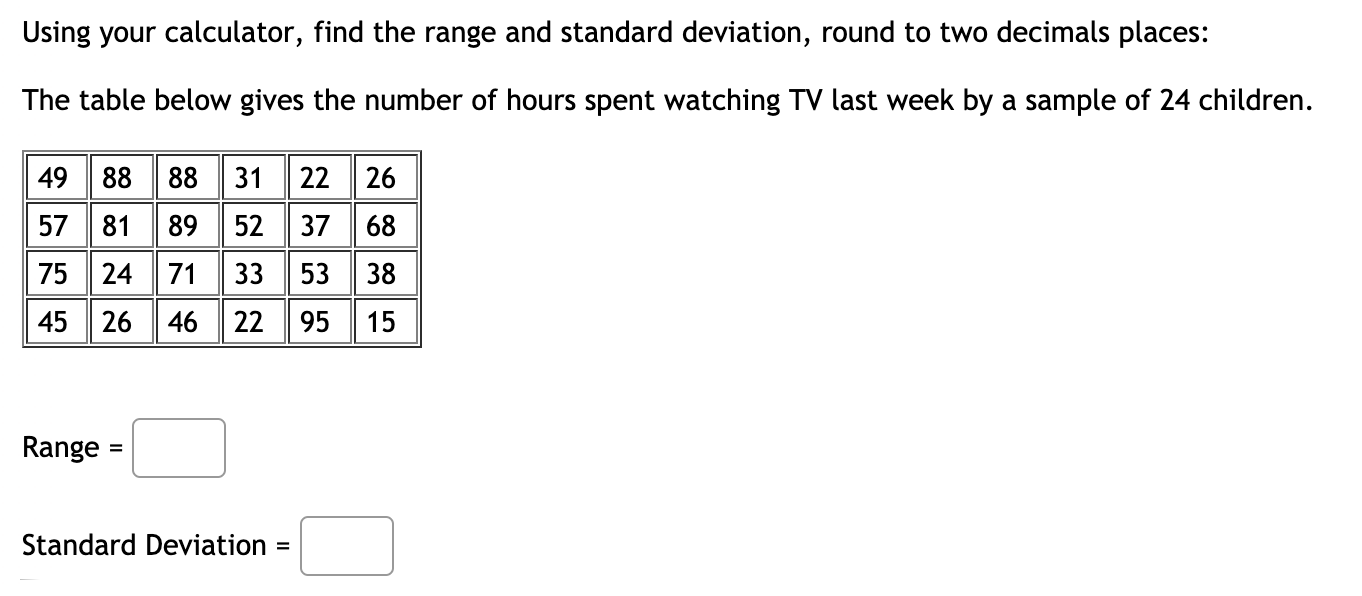 Solved Calculate the sample standard deviation of the data | Chegg.com