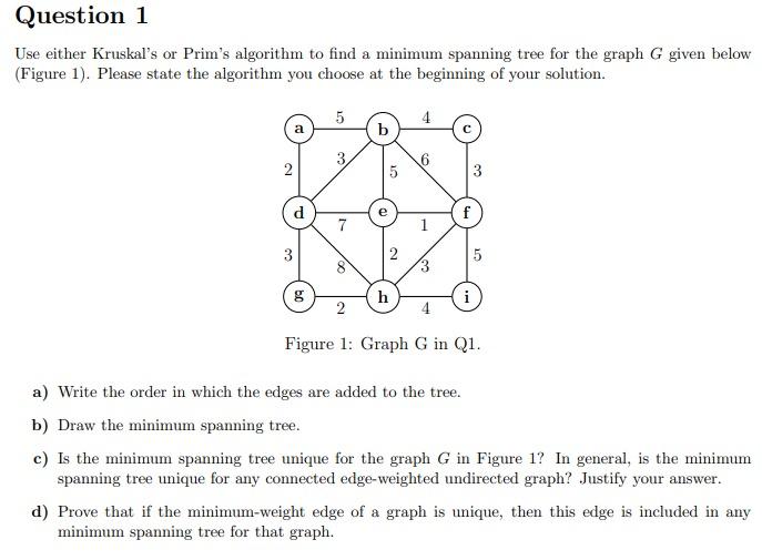 Solved Question 1 Use either Kruskal's or Prim's algorithm | Chegg.com
