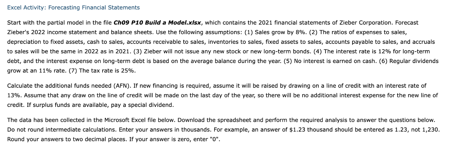 Excel Activity: Forecasting Financial Statements | Chegg.com