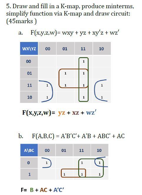 Solved 5. Draw and fill in a K-map, produce minterms, | Chegg.com