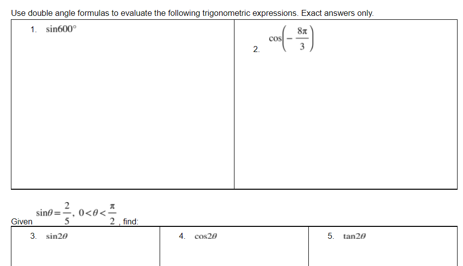 Solved Use double angle formulas to evaluate the following | Chegg.com