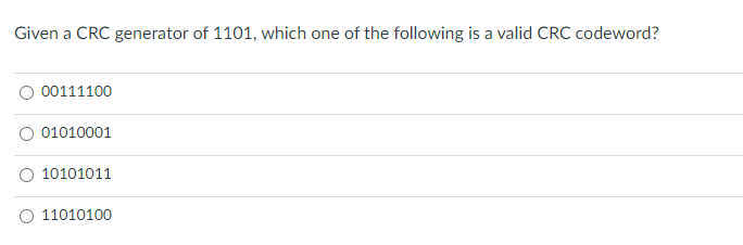 Solved Given a CRC generator of 1101, which one of the | Chegg.com