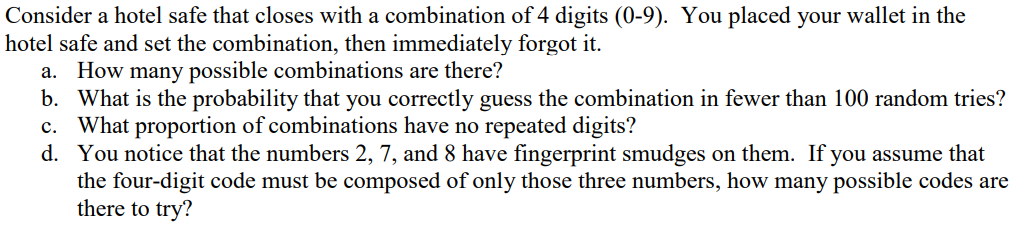 Solved Consider a hotel safe that closes with a combination | Chegg.com