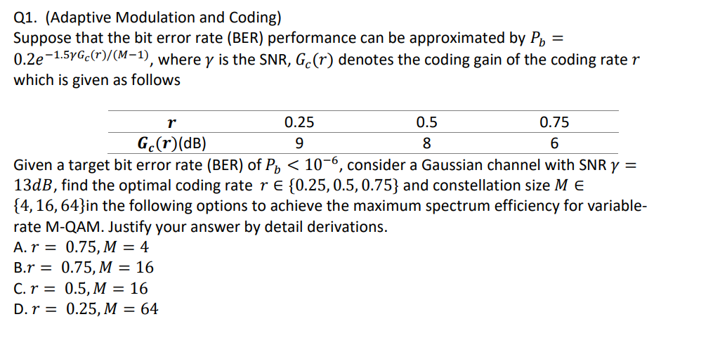 Q1. (Adaptive Modulation and Coding)Suppose that the | Chegg.com