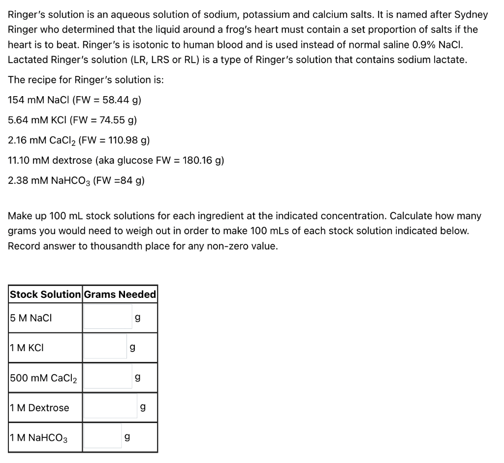 Solved Ringer's solution is an aqueous solution of sodium, | Chegg.com
