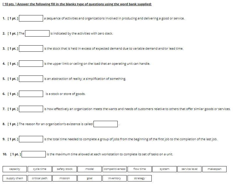 Solved [ 10 pts. ] Answer the following fill in the blanks | Chegg.com