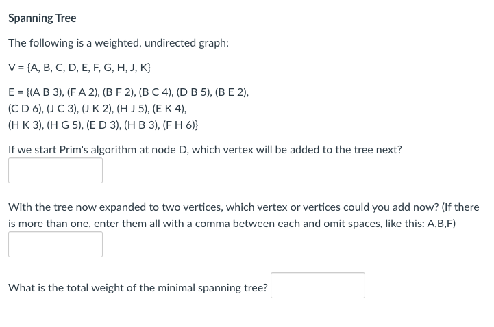 Solved Spanning Tree The following is a weighted, undirected | Chegg.com