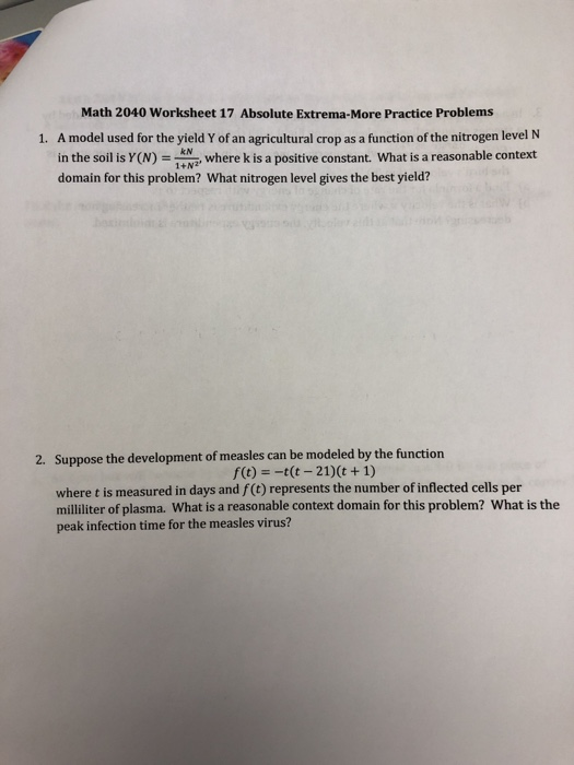 Solved Math 2040 Worksheet 17 Absolute Extrema-More Practice | Chegg.com