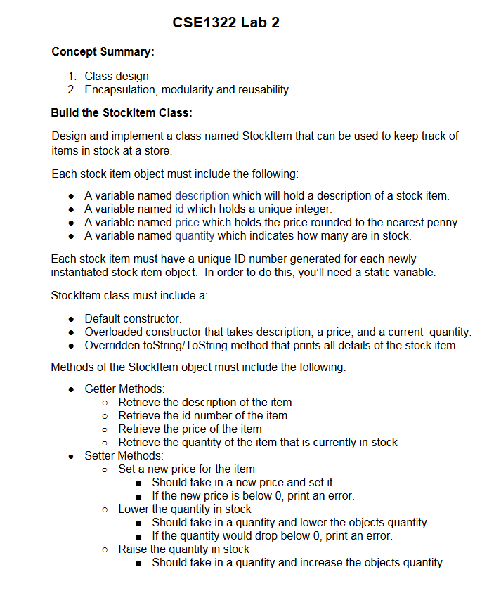 Solved CSE1322 Lab 2 Concept Summary: 1. Class design 2. | Chegg.com