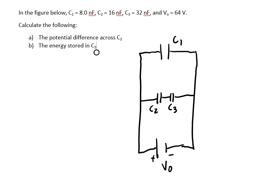 Solved In the figure below, C1 = 8.0 nE, C2 = 16 nE, C3 = 32 | Chegg.com