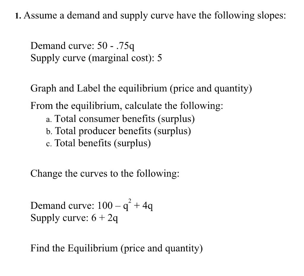 Solved 1. Assume a demand and supply curve have the | Chegg.com