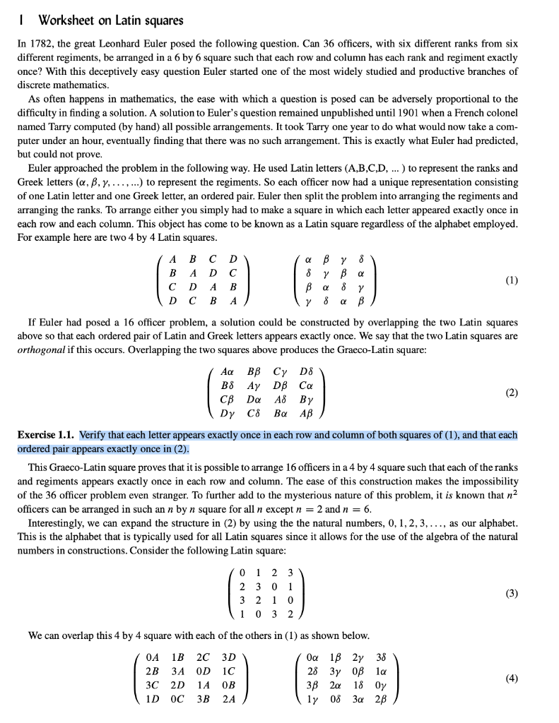 Solved | Worksheet on Latin squares In 1782, the great | Chegg.com