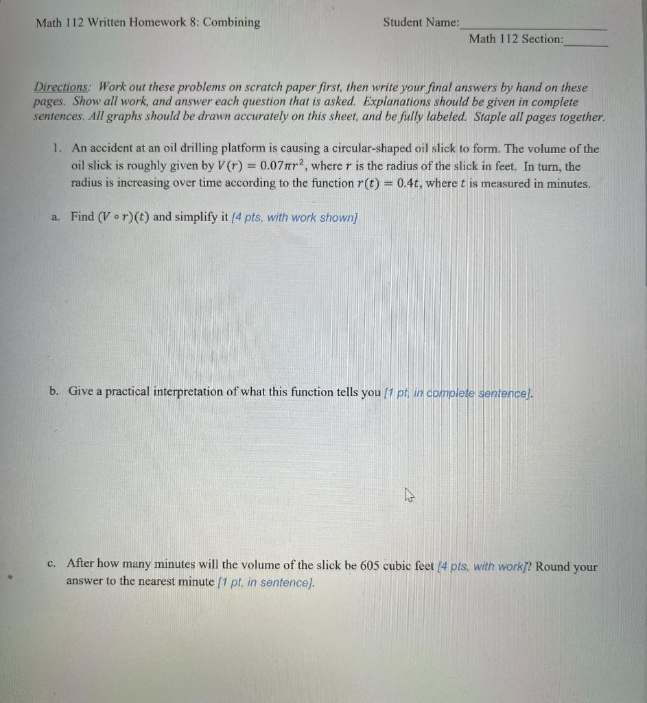 Solved Math 112 Written Homework 8: Combining Student Name: | Chegg.com
