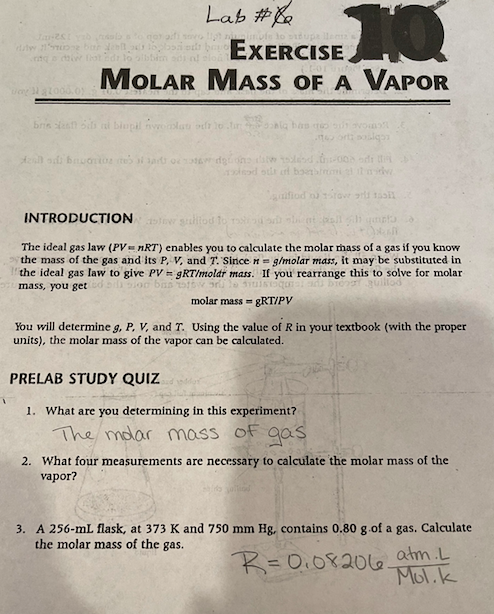 Solved Lab #la EXERCISE MOLAR MASS OF A VAPOR 10 2000.0) | Chegg.com