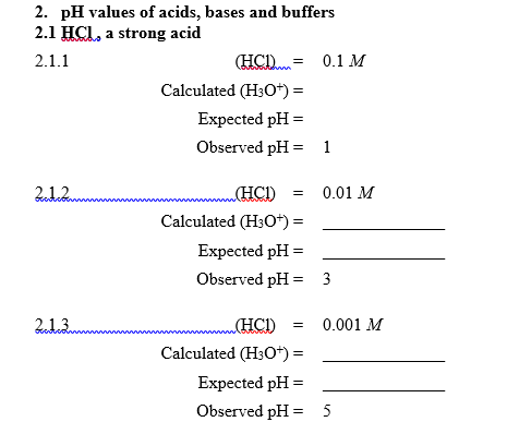 Solved 2. pH values of acids, bases and buffers 2.1 HCL, a | Chegg.com