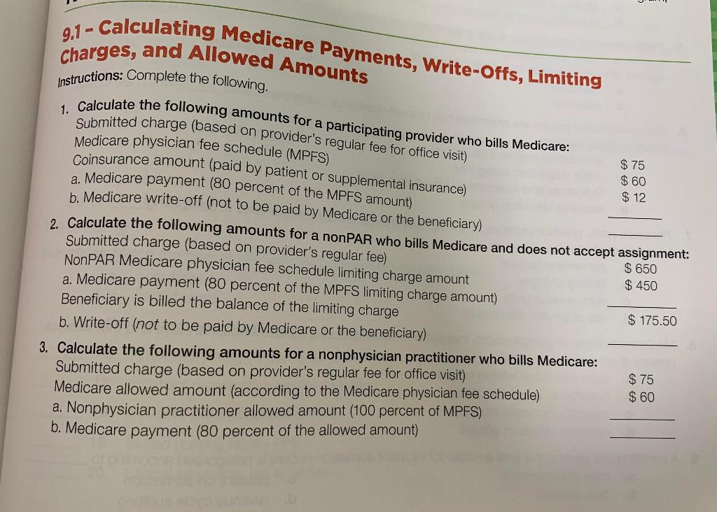 Solved 9.1 - Calculating Medicare Payments, Write-Offs, | Chegg.com